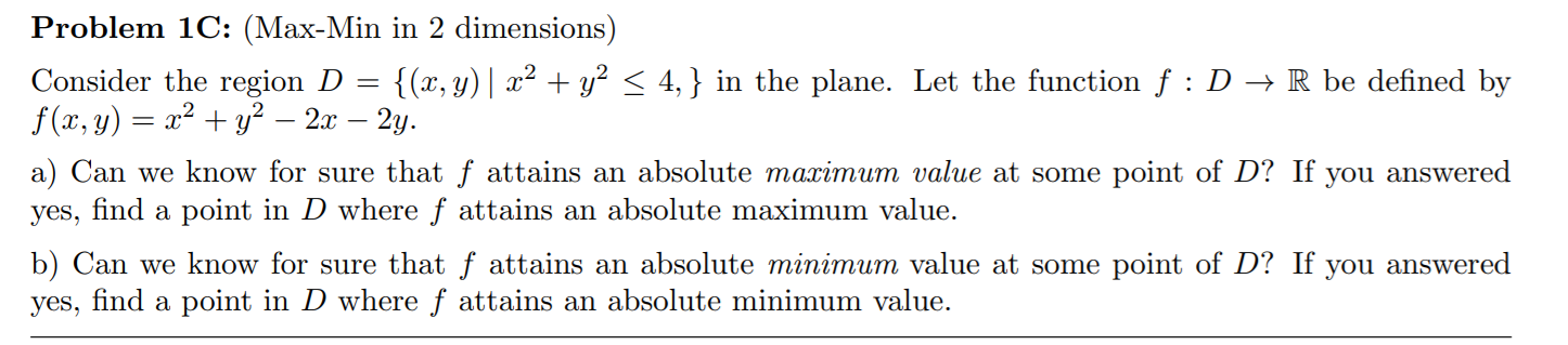 Solved Problem 1C: (Max-Min in 2 dimensions) Consider the | Chegg.com