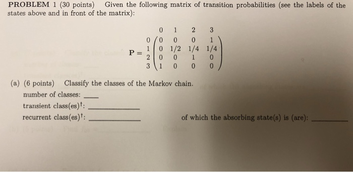 Solved PROBLEM 1 (30 points) Given the following matrix of | Chegg.com