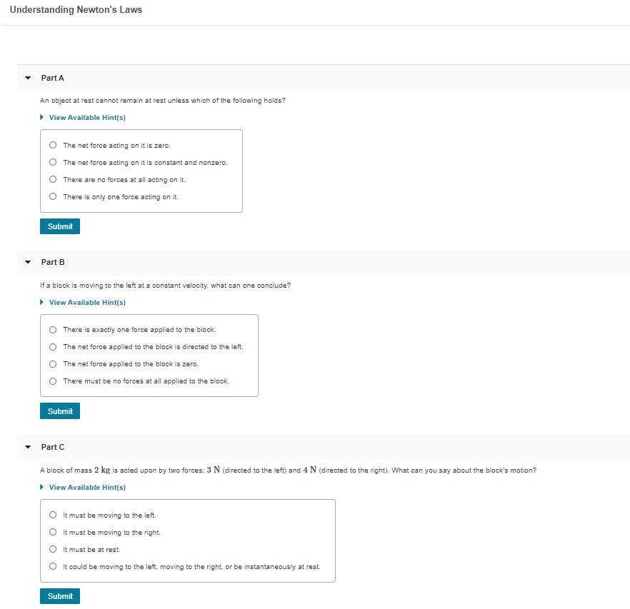 Solved Understanding Newton's Laws Part A An object at rest | Chegg.com