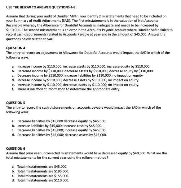 Solved USE THE BELOW TO ANSWER QUESTIONS 4-8 Assume that | Chegg.com