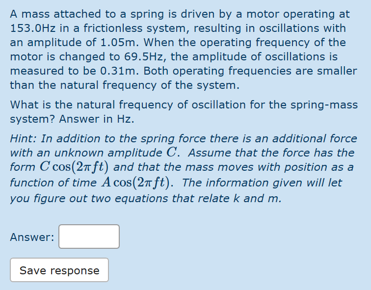 Solved A mass attached to a spring is driven by a motor | Chegg.com