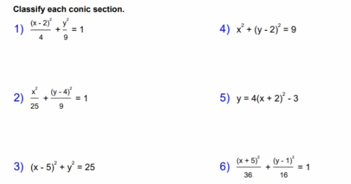 Solved Classify each conic section. (x - 2) y 1) + 4) x + | Chegg.com