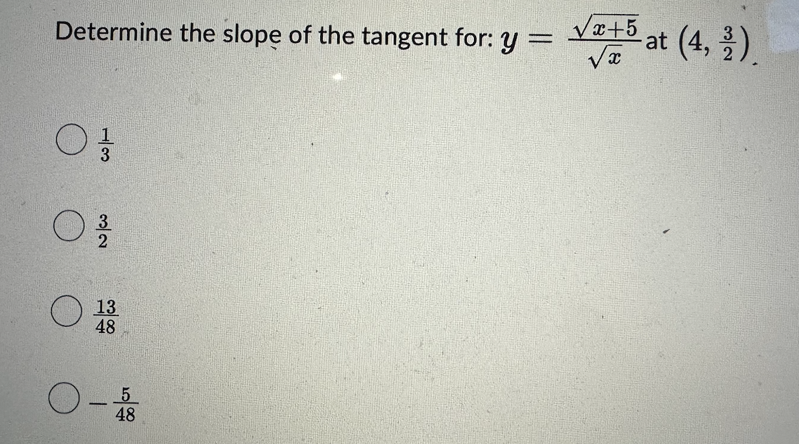 Solved Determine the slope of the tangent for: y=xx+5 at | Chegg.com