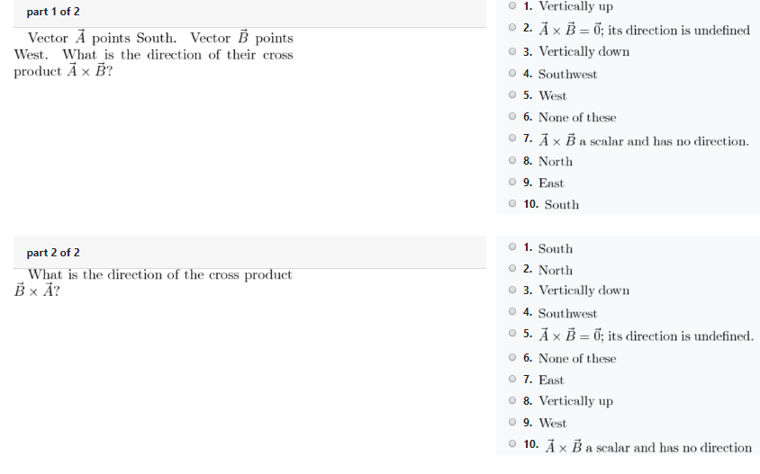 Solved part 1 of 2 Vector Ā points South. Vector B points | Chegg.com