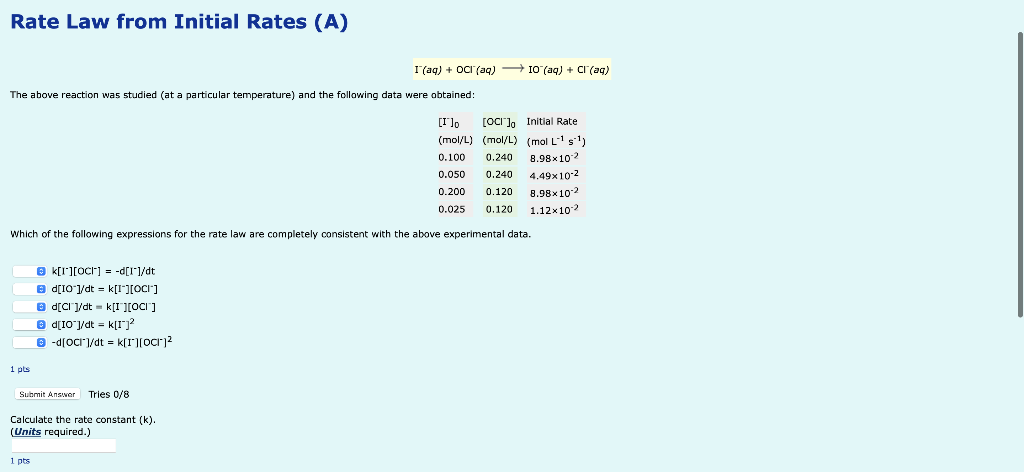 Solved Rate Law from Initial Rates (A) | Chegg.com