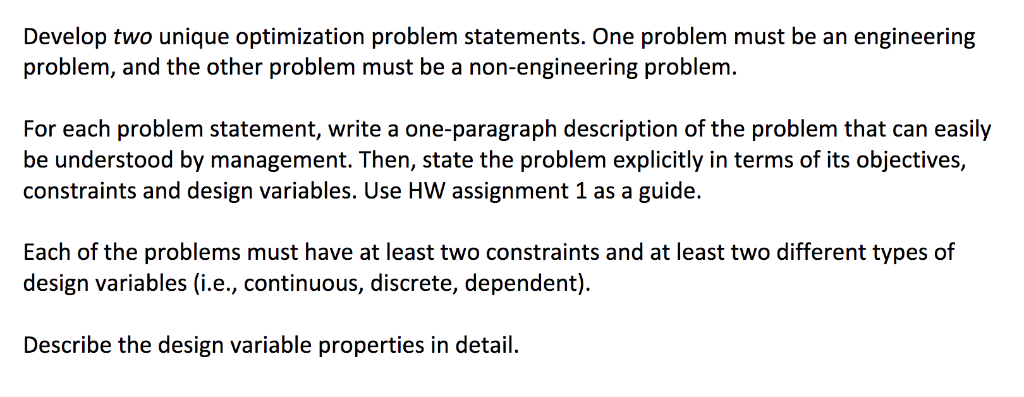 Develop two unique optimization problem statements. | Chegg.com