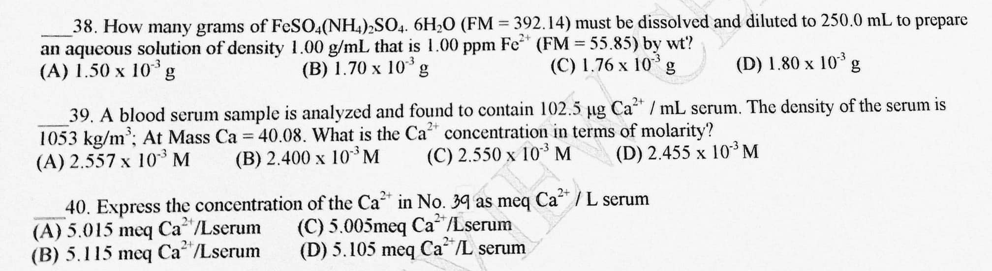 Solved 38. How many grams of FeSO4(NH4)2SO4. 6H2O (FM = | Chegg.com
