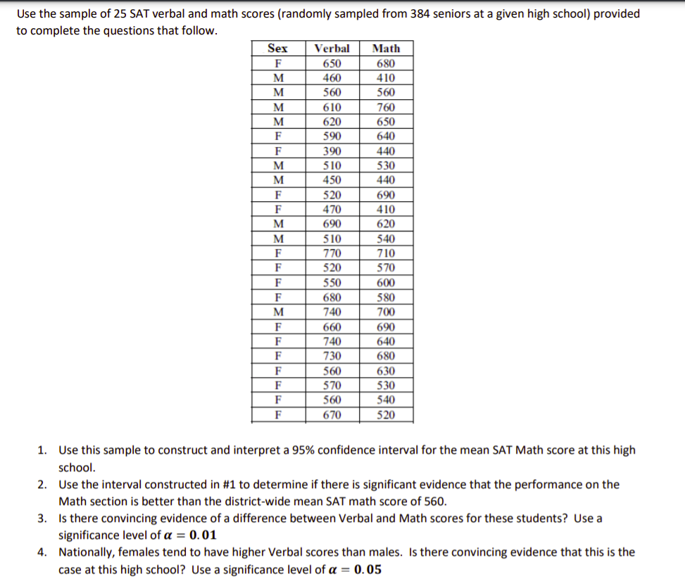 Solved 610 390 Use the sample of 25 SAT verbal and math | Chegg.com