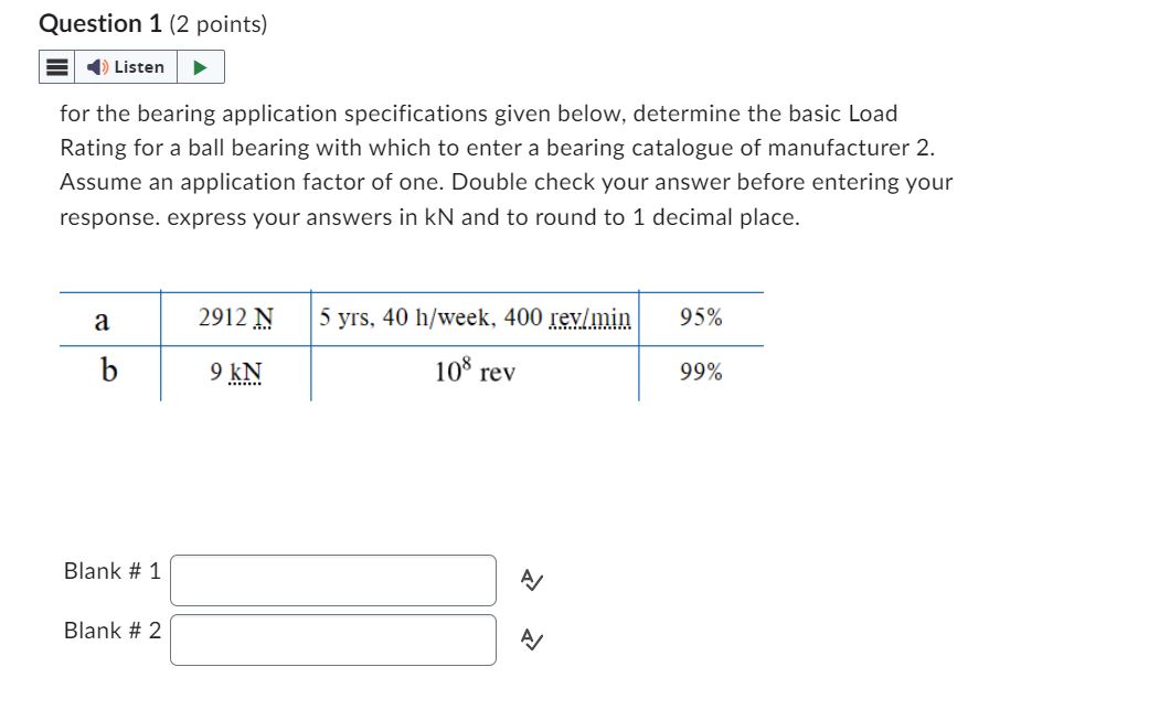 Solved for the bearing application specifications given | Chegg.com