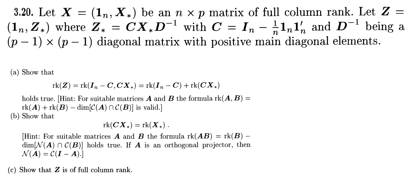 3.20. Let X = (1n, X.) be an n xp matrix of full | Chegg.com