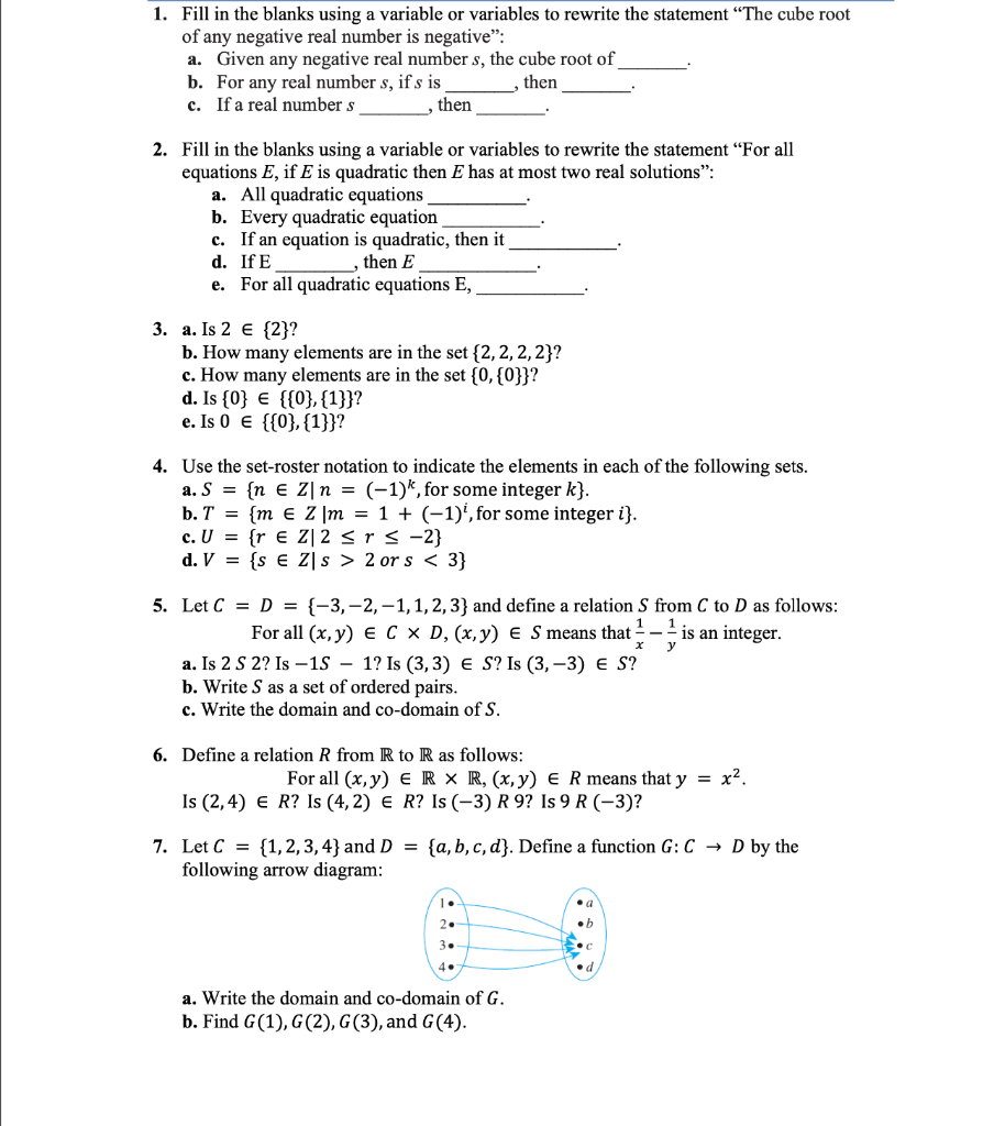 Solved 1 Fill In The Blanks Using A Variable Or Variables 