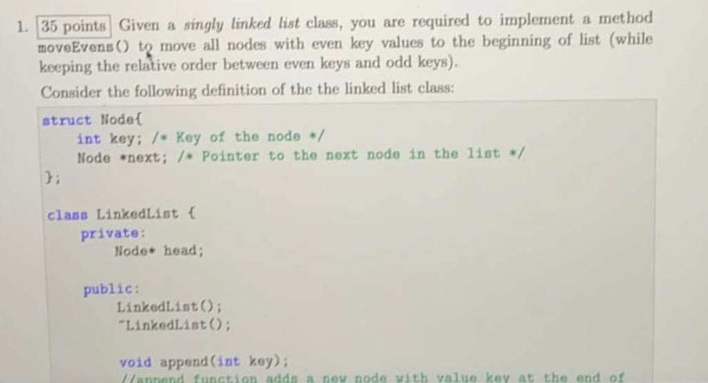 1. 35 points Given a singly linked list class, you | Chegg.com