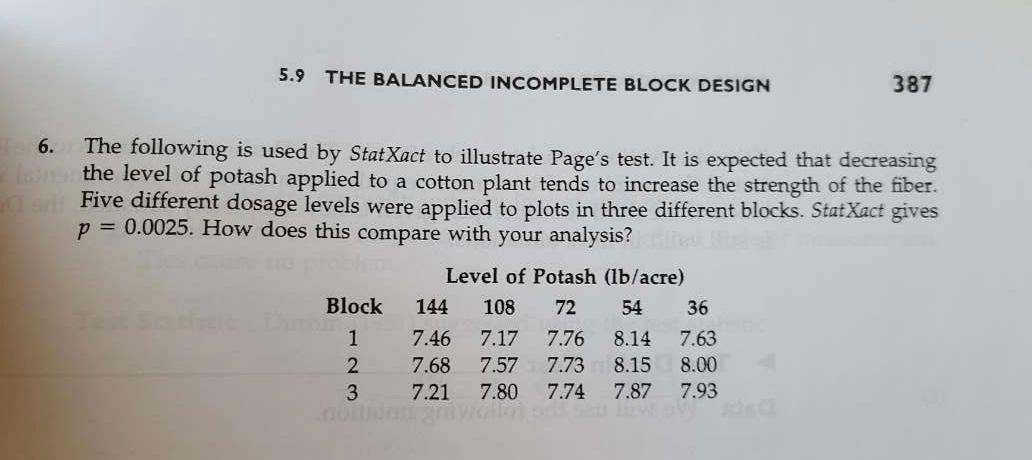 5.9 THE BALANCED INCOMPLETE BLOCK DESIGN 387 6. The | Chegg.com