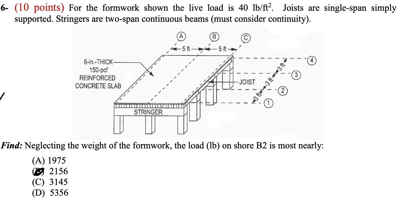 Solved 6- (10 points) For the formwork shown the live load | Chegg.com