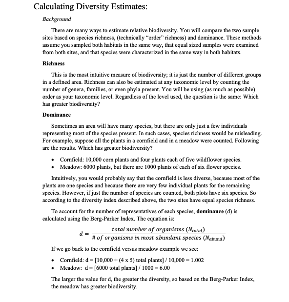 Calculating Diversity Estimates: Background There are | Chegg.com