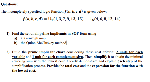 Solved Questions The Incompletely Specified Logic Function