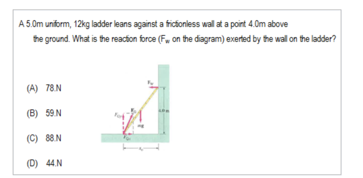 Solved A 5.0m uniform, 12kg ladder leans against a | Chegg.com