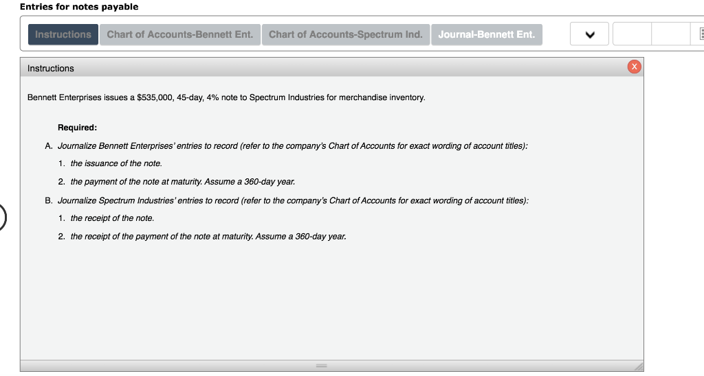 Solved Entries for notes payable Instructions Chart of | Chegg.com