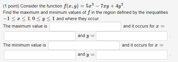 Solved (1 point) Consider the function f(x, y) = 5x3 – 7xy + | Chegg.com