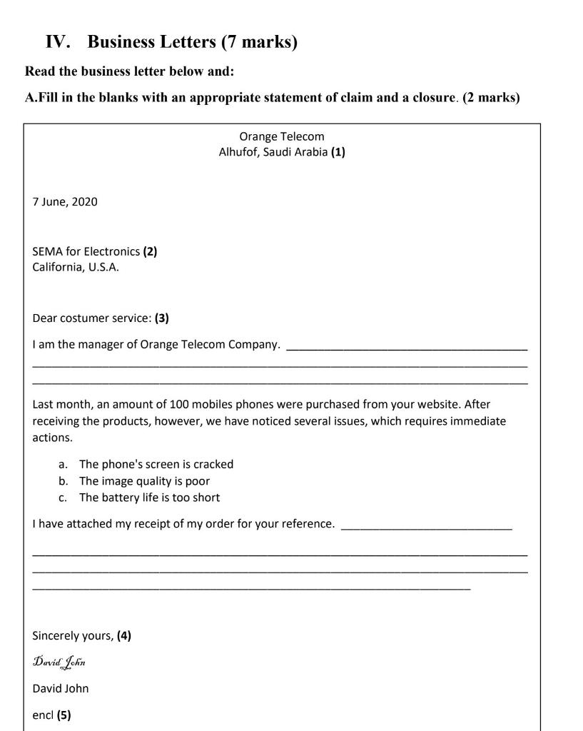 Solved IV. Business Letters (7 marks) Read the business | Chegg.com