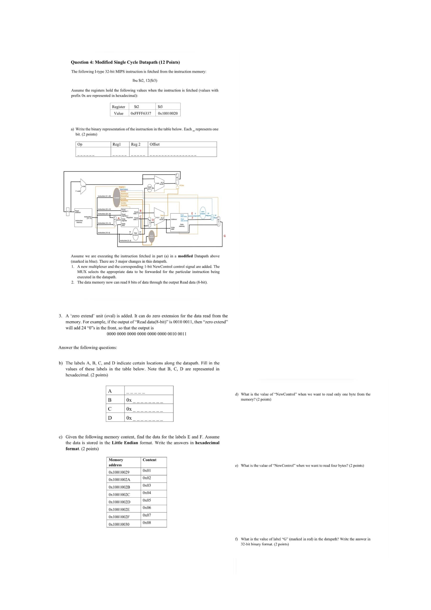Solved Question 4: Modified Single Cycle Datapath (12 | Chegg.com