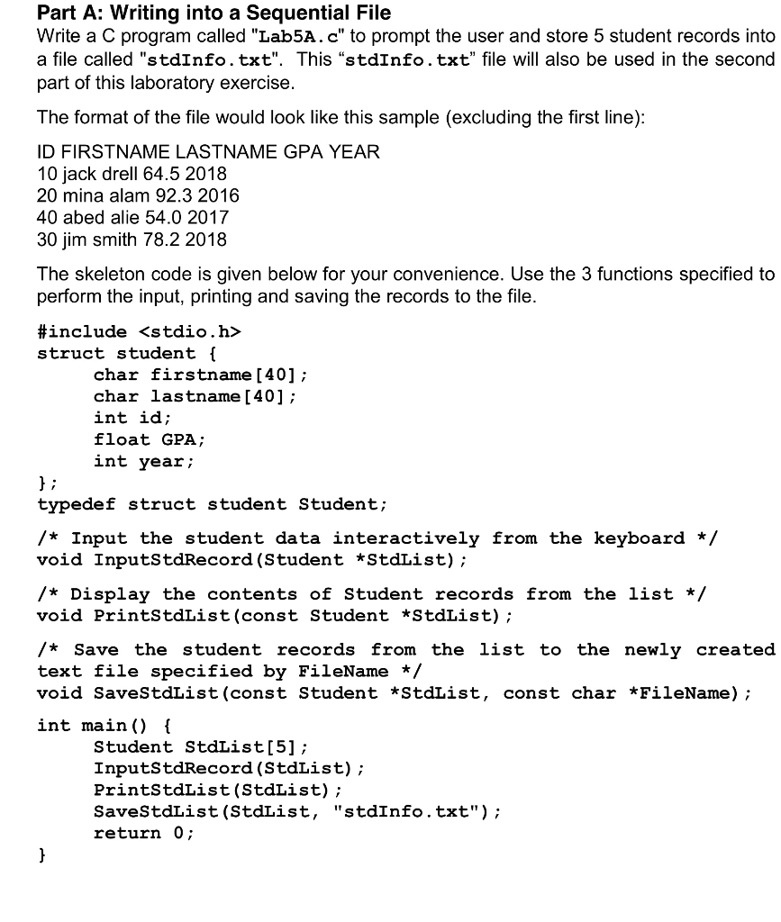 Solved Part A: Writing into a Sequential File Write a C | Chegg.com