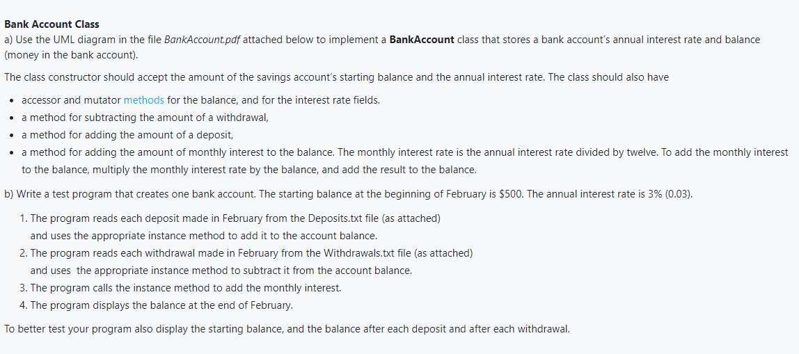Solved Bank Account Class a) Use the UML diagram in the file | Chegg.com