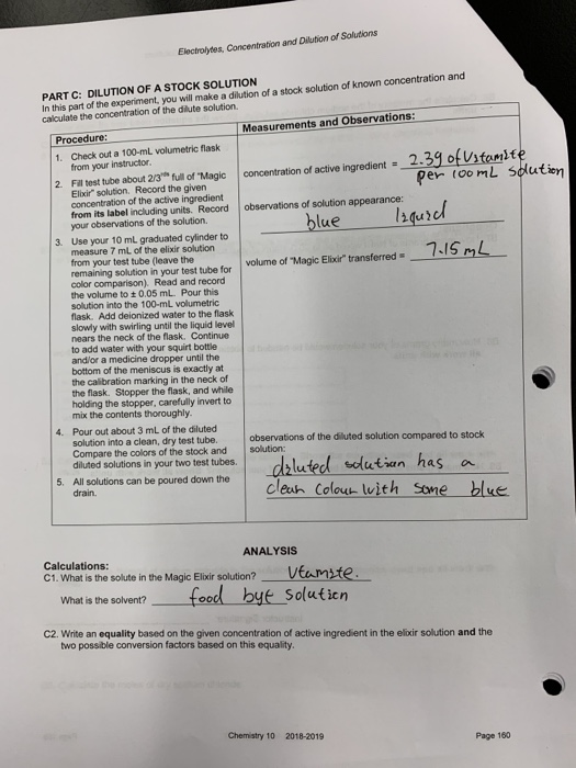 Solved Electrolytes, Concentration and Dilution of Solutions | Chegg.com