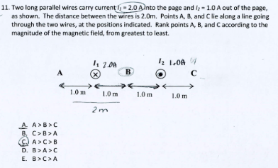 Solved 11. Two long parallel wires carry current I2=2.0 A | Chegg.com
