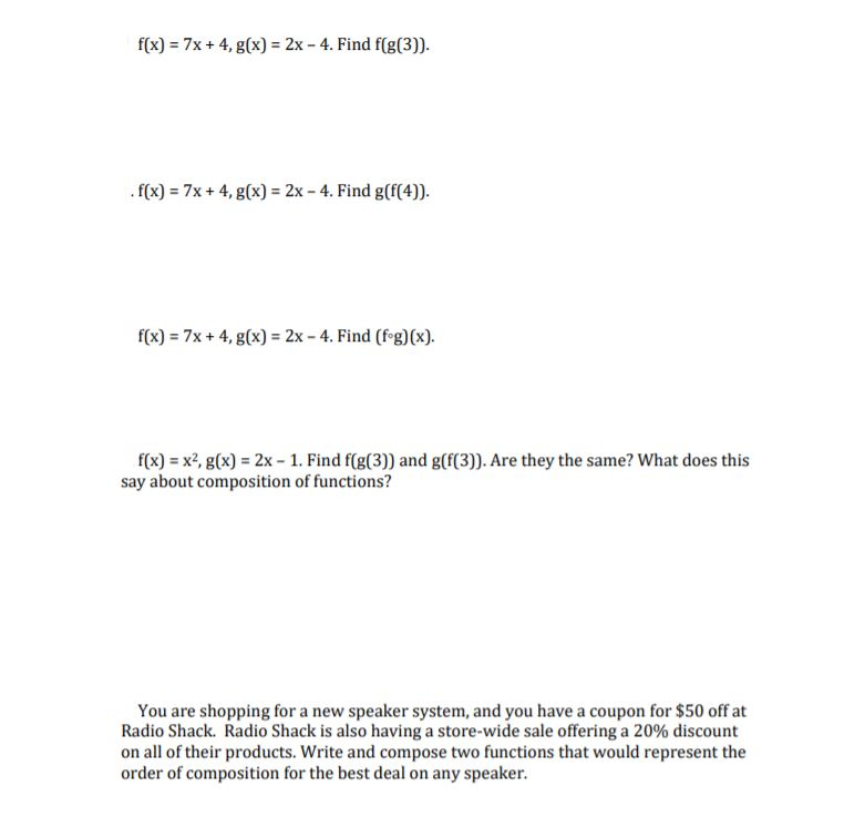 Solved f(x) 7x+4, g(x) 2x-4. Find f((3)) .f(x)-7x+ 4, g(x) | Chegg.com Solved f(x) 7x+4, g(x) 2x-4. Find f((3)) .f(x)-7x+ 4, g(x) | Chegg.com