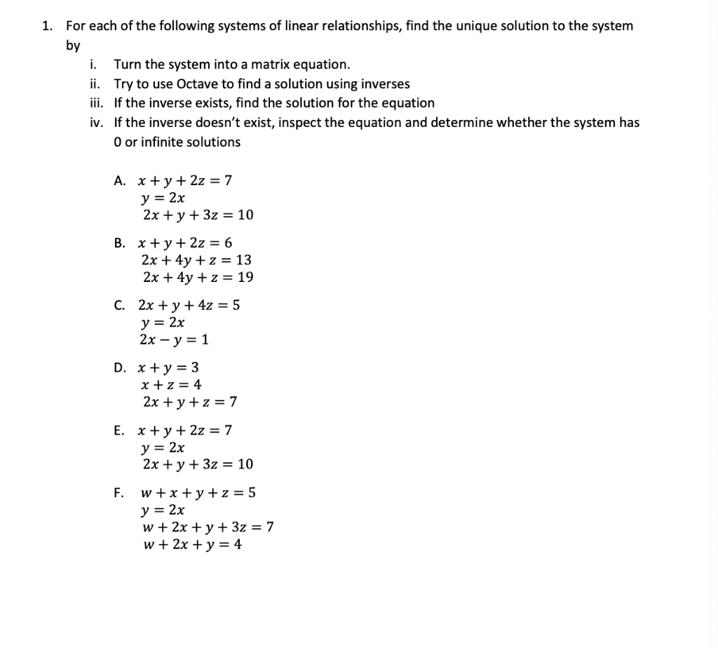 Solved 1. For each of the following systems of linear | Chegg.com