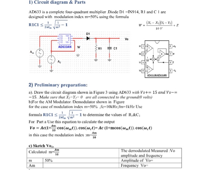 Solved 1) Circuit diagram& Parts AD633 is a complete | Chegg.com