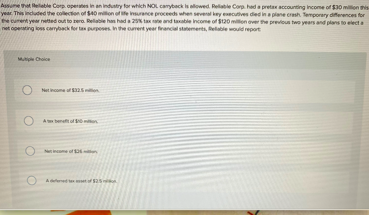 Solved Assume that Reliable Corp. operates in an industry | Chegg.com