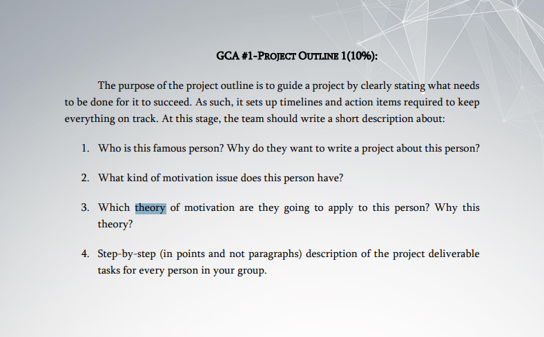 Solved GCA \#1-ProJeCt OUTLINE 1(10\%): The purpose of the | Chegg.com