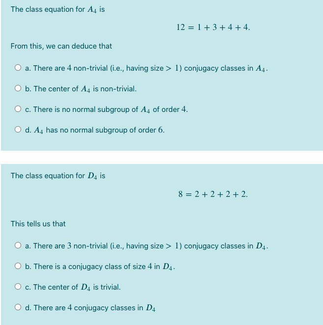 Solved The class equation for A4 is 12 = 1 + 3 + 4 + 4. From | Chegg.com