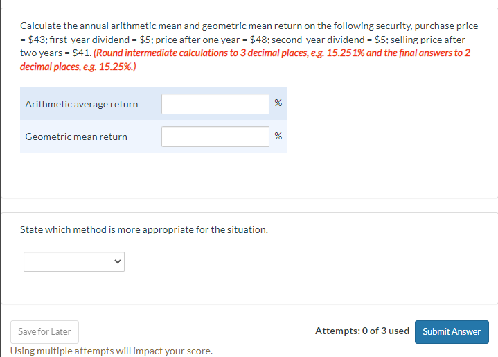 Solved Calculate the annual arithmetic mean and geometric | Chegg.com