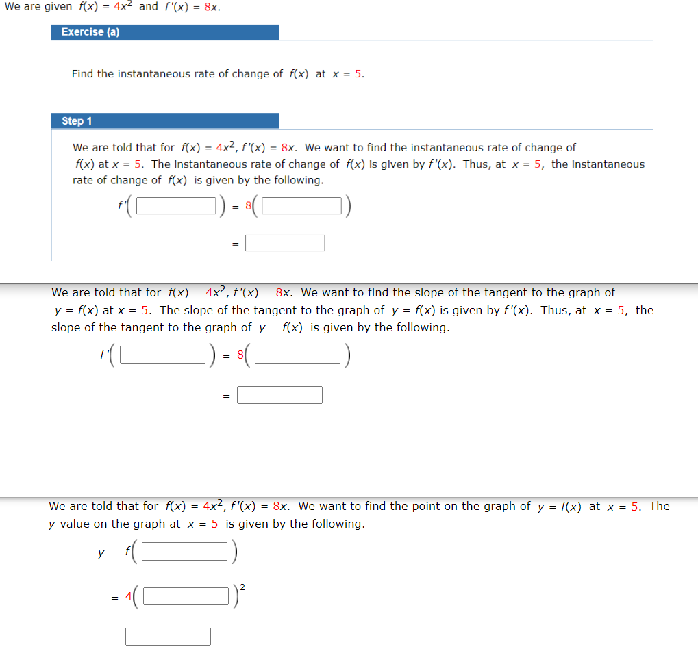 Solved We are given f(x) = 4x2 and f'(x) = 8x. Exercise (a) | Chegg.com