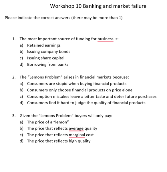 Solved Workshop 10 Banking and market failure Please | Chegg.com