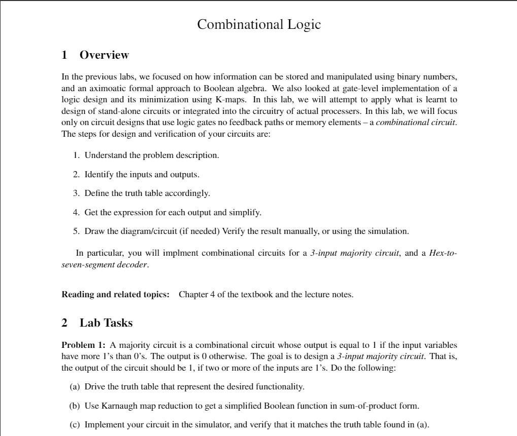 Solved Combinational Logic 1 Overview In the previous labs, | Chegg.com