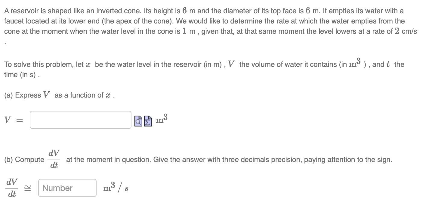 Solved A reservoir is shaped like an inverted cone. Its | Chegg.com