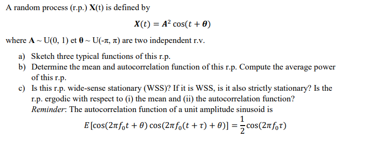 Solved A random process (r.p.) ﻿X(t) ﻿is defined | Chegg.com