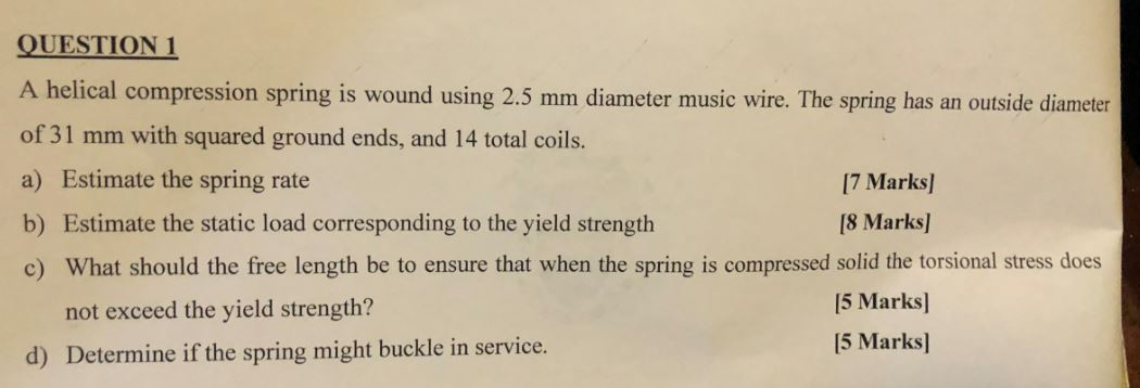 Solved QUESTION 1 A helical compression spring is wound | Chegg.com