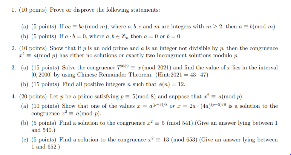 Solved 1. (10 points) Prove or disprove the following | Chegg.com
