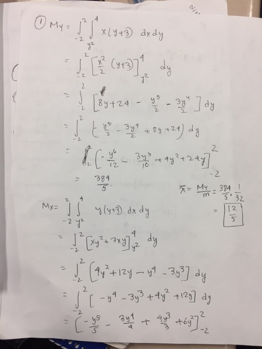 M_y = integral^2_-2 integral^4_y^2 x(y + 3) dx dy = | Chegg.com