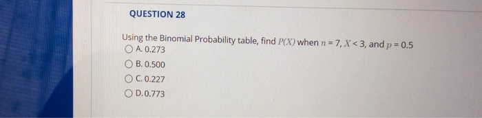 Solved QUESTION 28 Using the Binomial Probability table, | Chegg.com