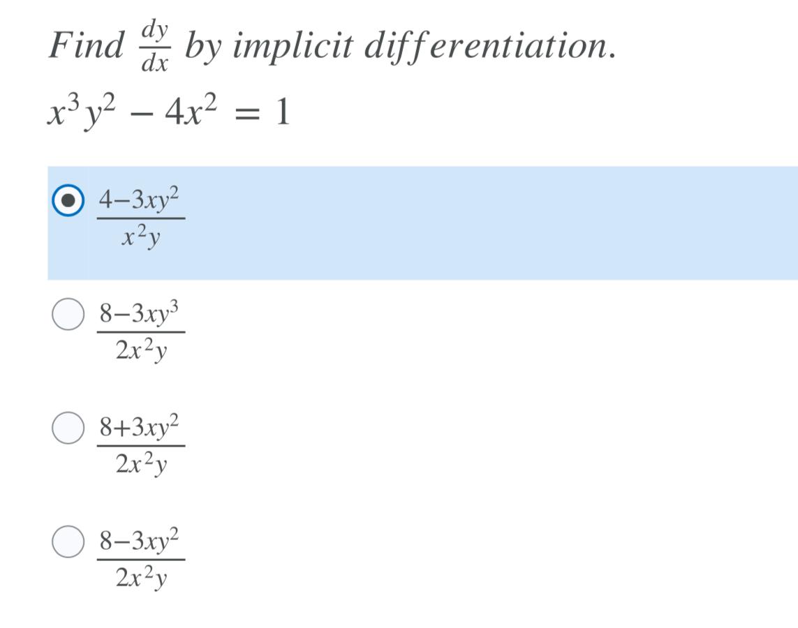 Solved Find a by implicit differentiation. x} y2 – 4x2 = 1 | Chegg.com