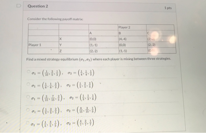 Solved Question 2 1 pts Consider the following payoff matrix | Chegg.com
