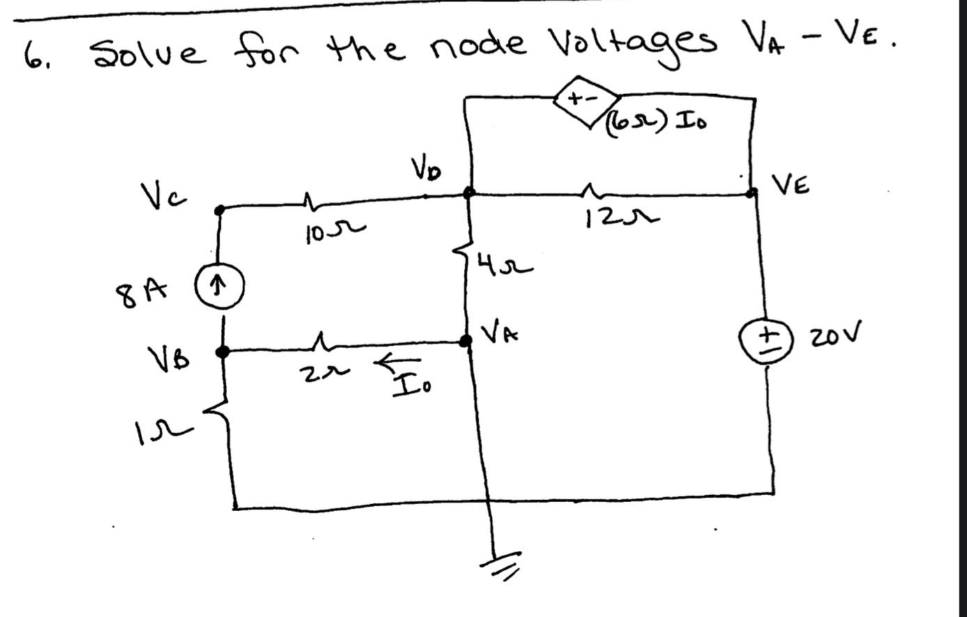 Solved 6. Snlue for the node Voltages VA−VE. | Chegg.com