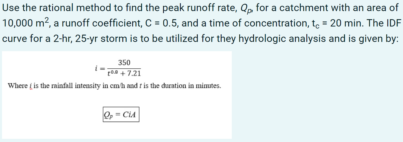 Solved Use the rational method to find the peak runoff rate, | Chegg.com