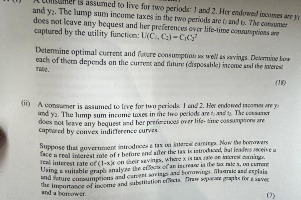 Solved and y2. The lump sum income taxes in the two periods | Chegg.com